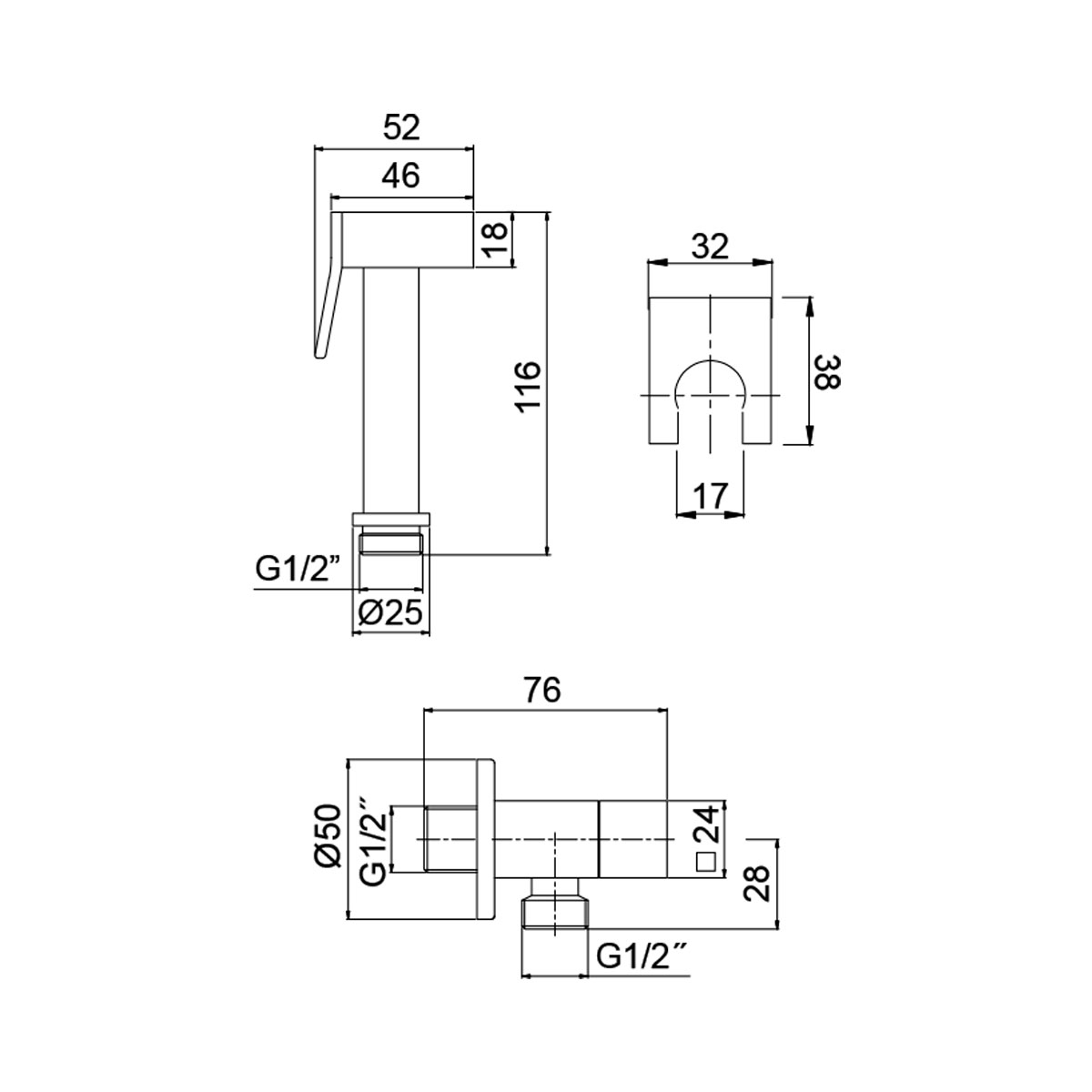 Kit Chuveiro Higiénico Sanita/Bidé em Latão com Flexível Inox.